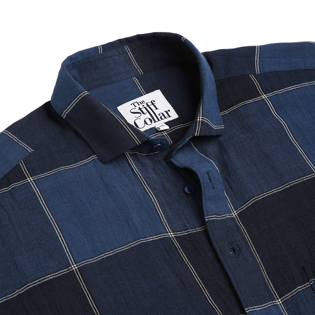 Blue with Black panels and Ivory White Check Lines Half Sleeve Shirt ...
