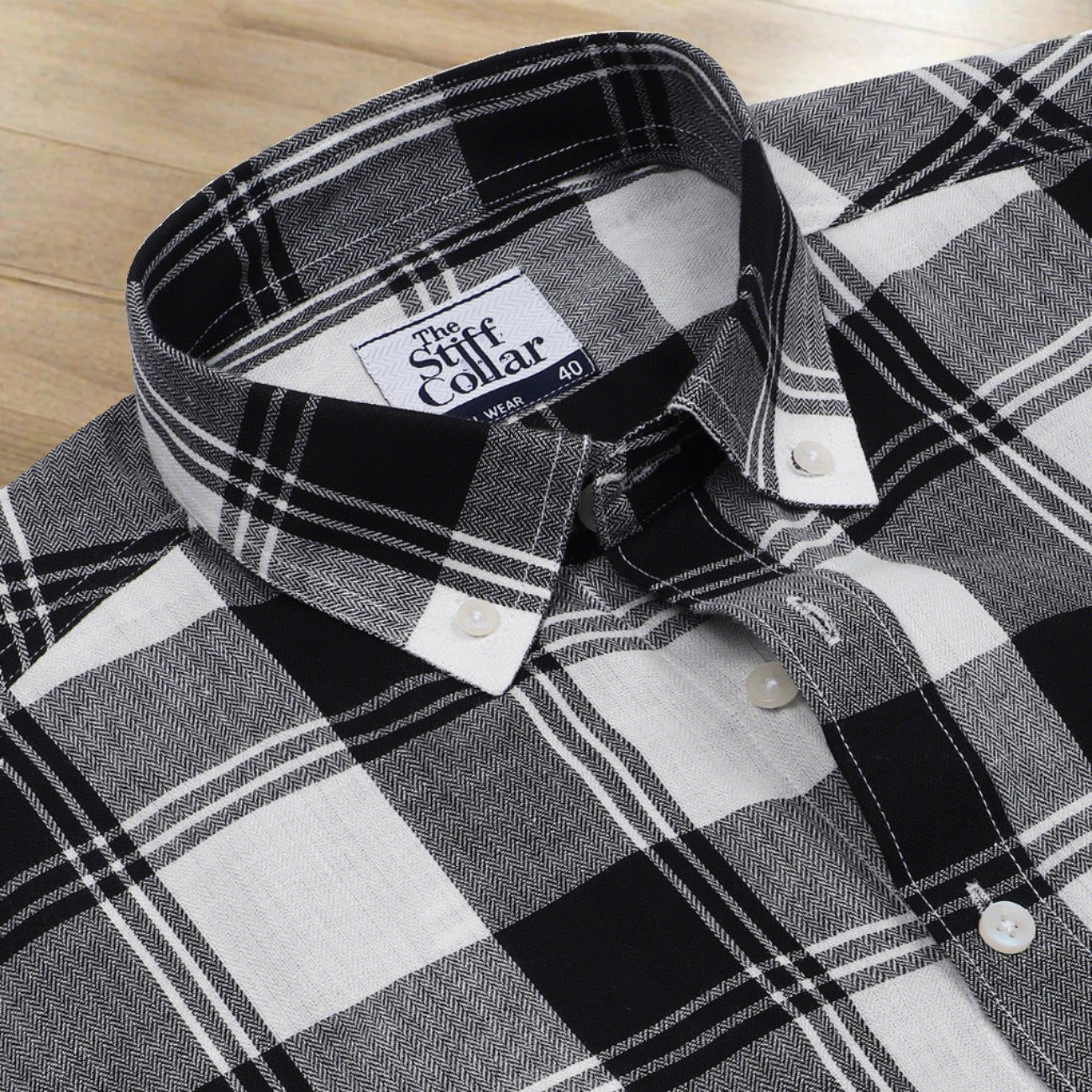 White Black Check Light-weighted Washed Button Down Casual Shirt ...