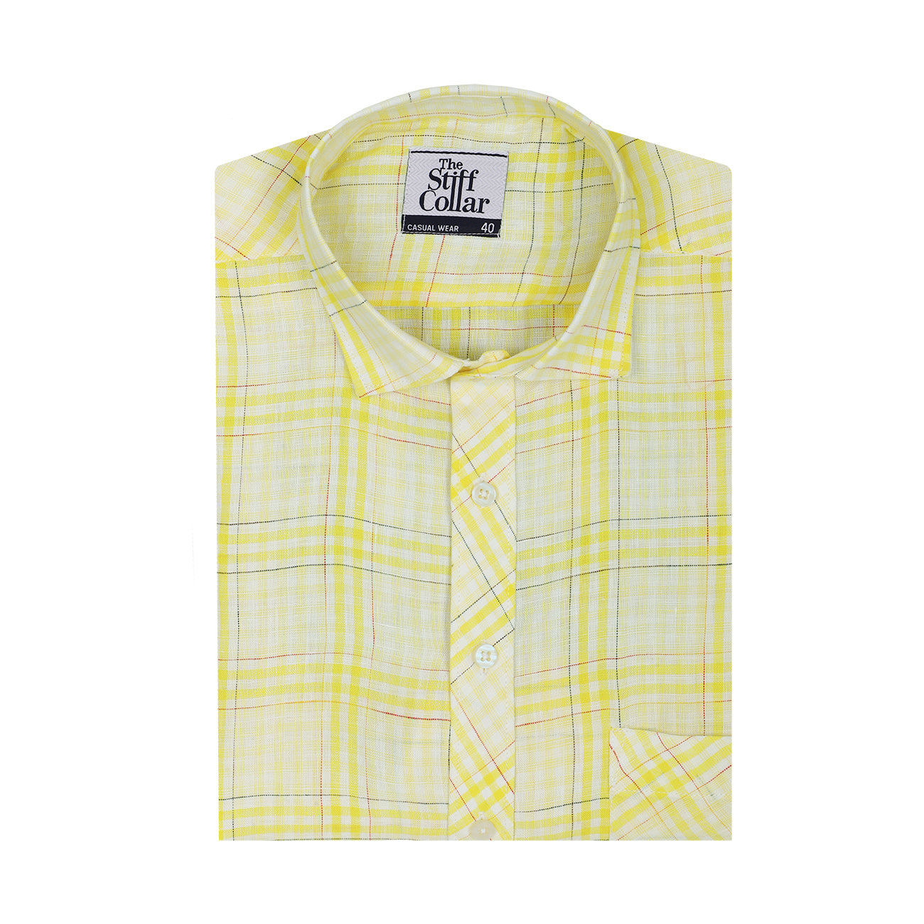 Pastel Yellow Checks Pure Linen Half Sleeve Shirt – Thestiffcollar.com