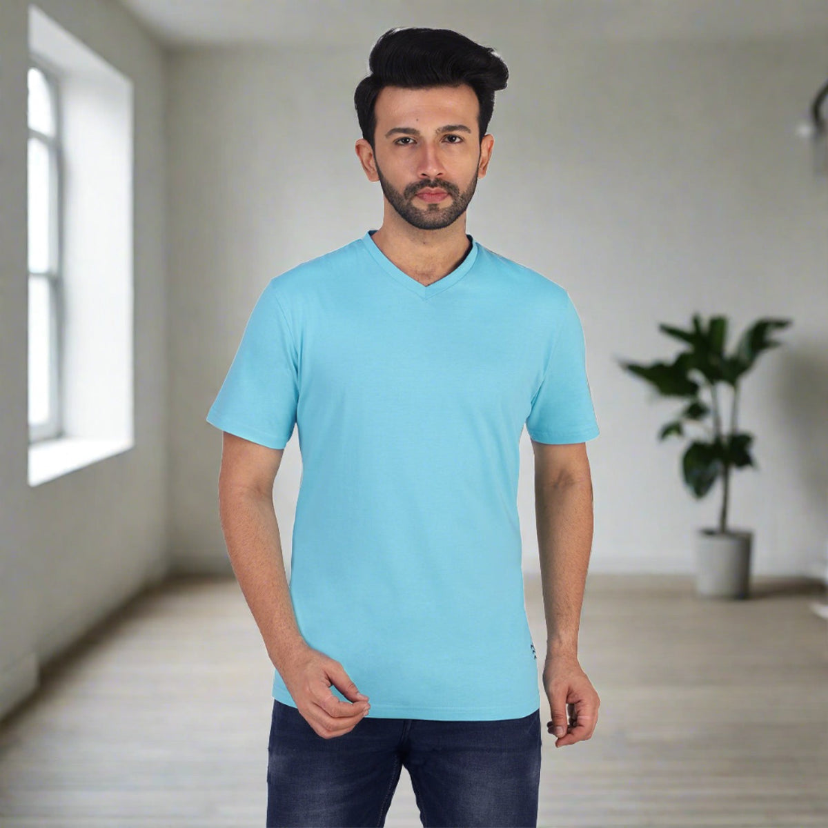 Shore leaves Soft Enzyme Washed Turquoise Blue V-Neck Cotton T-shirt ...